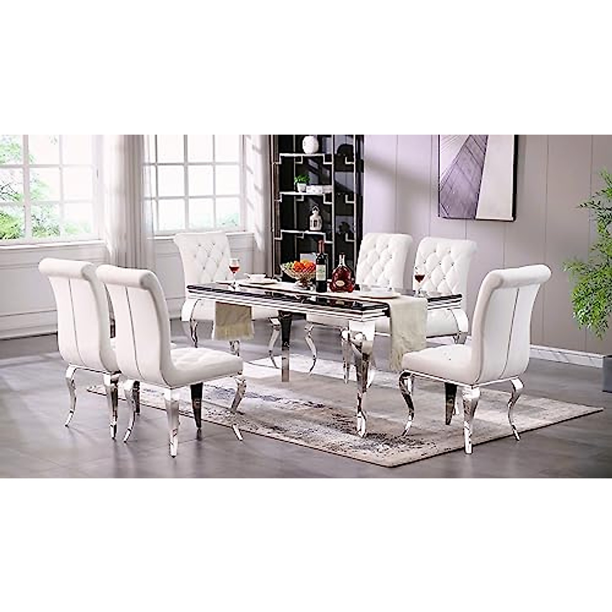 Anewsun Dining Chairs, White Velvet Upholstered Dining Room Chairs Set of 6, Crystal Decor Button Tufted Dining Chairs with Silver Mirror Legs
