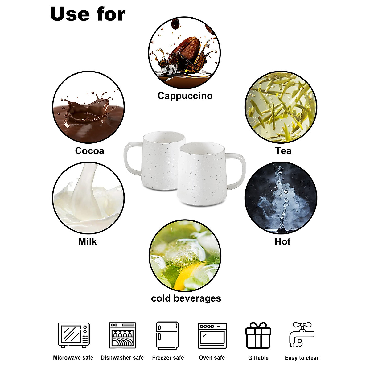 T-WARE 16 Oz Coffee Mugs Set of 2, White Speckled Ceramic Mug, Coffee Cups Ceramic