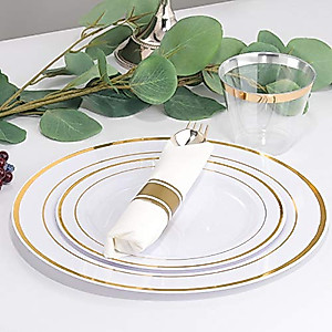 WELLIFE 350 Pieces Gold Plastic Plates with Disposable Silverware and Cups, Include: 50 Dinner Plates 10.25”, 50 Dessert Plates 7.5”, 50 Gold Rim Cups 9 OZ, 50 Gold Cutlery