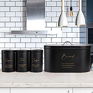 Hacaroa Set of 4 Bread Box and Canister Set for Kitchen Countertop, Metal Bread Bin Sugar Tea Coffee Storage Canister with Lid, Biscuit Tin Set for Loaf, Pastry, Dry Food, Black