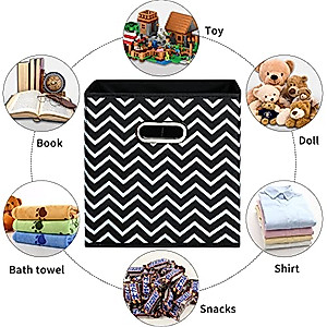 STOREONE Fabric Storage Bins Cubes Baskets Containers-(11X11X11) with Dual Metal Handles for Shelf Closet, Bedroom Drawers Organizers, Foldable Set of 3 (Black Wave)