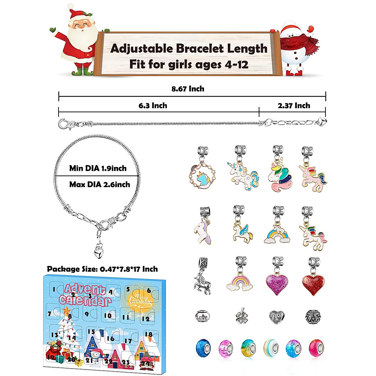 Advent Calendar 2023 Girls Unicorn Charm Bracelets Making Kit, 24 Days of Christmas Advent Calendars for Teens Kids Age 4-12, Unicorns Gifts for Girls 4 5 6 7 8-10 Girl Craft Toys Countdown Calender.