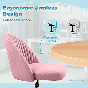 Furniwell Office Chair Armless Cute Desk Chair Modern Adjustable Swivel Padded Fabric Vanity Task Computer Chair Home Office Desk Chairs with Wheels (Pink)