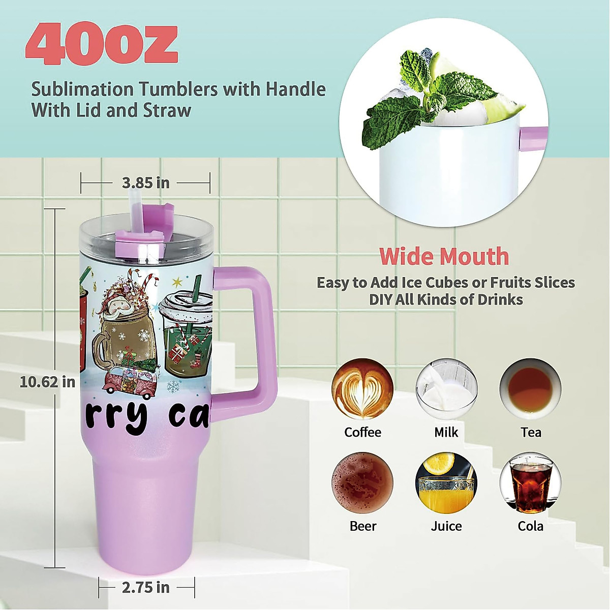 Icesip 40 oz Sublimation Tumbler 40 Pack with Handle Lid and Straw Gradient Glitter Stainless Steel Double Wall Vacuum Insulated Bulk Sublimation Blank Mixed Colors