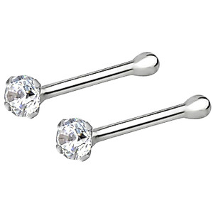 Forbidden Body Jewelry 22G Nose Rings Studs w/ 1.5mm Crystal - 2 Pcs 7mm Sterling Silver Nose Piercing Jewelry Set, l Shaped Nose Rings Women & Men - CZ Simulated Diamond, Small Nose Studs Women