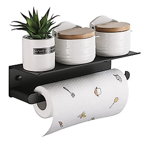 DUFU Paper Towel Holder Wall Mount for Kitchen, Self-Adhesive Paper Towel Holder with Shelf for Bathroom, Anti-Rust Aluminum, No Drill or Wall-Mounted with Screws (Matt Black)