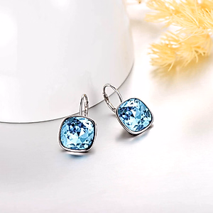 AOBOCO Sterling Silver Leverback Earrings with Simulated March Birthstone Crystals from Austria, Hypoallergenic Simulated Aquamarine Earrings, Fine Birthday Jewelry Gifts for Women Grandma Wife Mom
