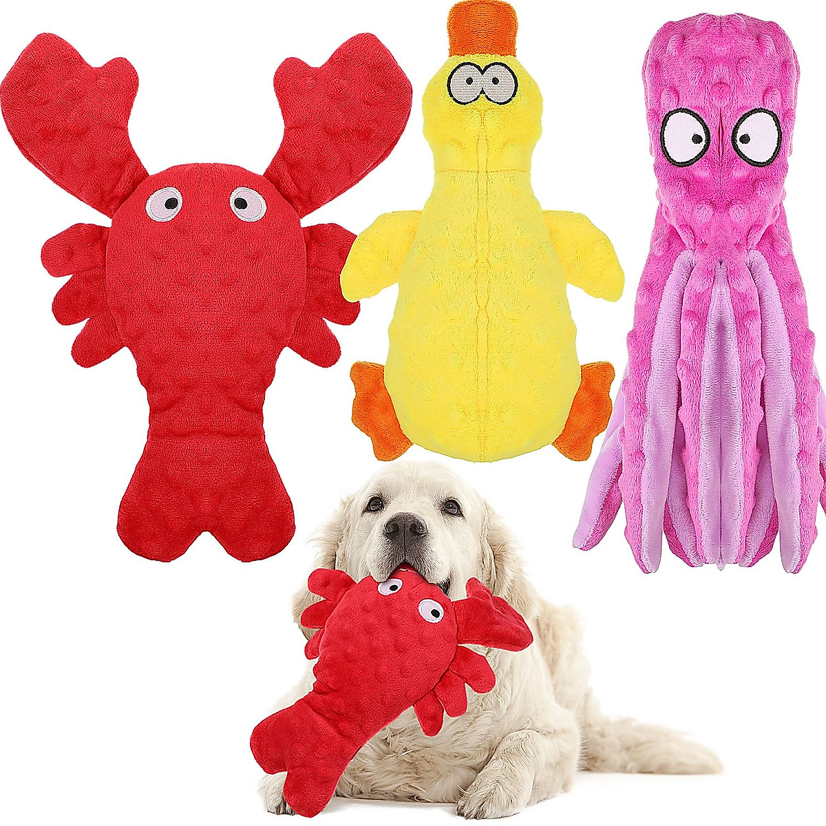 Jenaai 3 Pack Dog Squeaky Toys Bulk Large Plush Stuffed Dog Toys Durable Chew Toys Set for Teething Pets Interactive Playing Toys Octopus Lobster Duck Pet Toys for Small Medium Dog Puppy