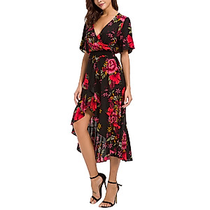 Kormei Womens Short Sleeve Floral High Low V-Neck Flowy Party Long Maxi Dress M Black&Red