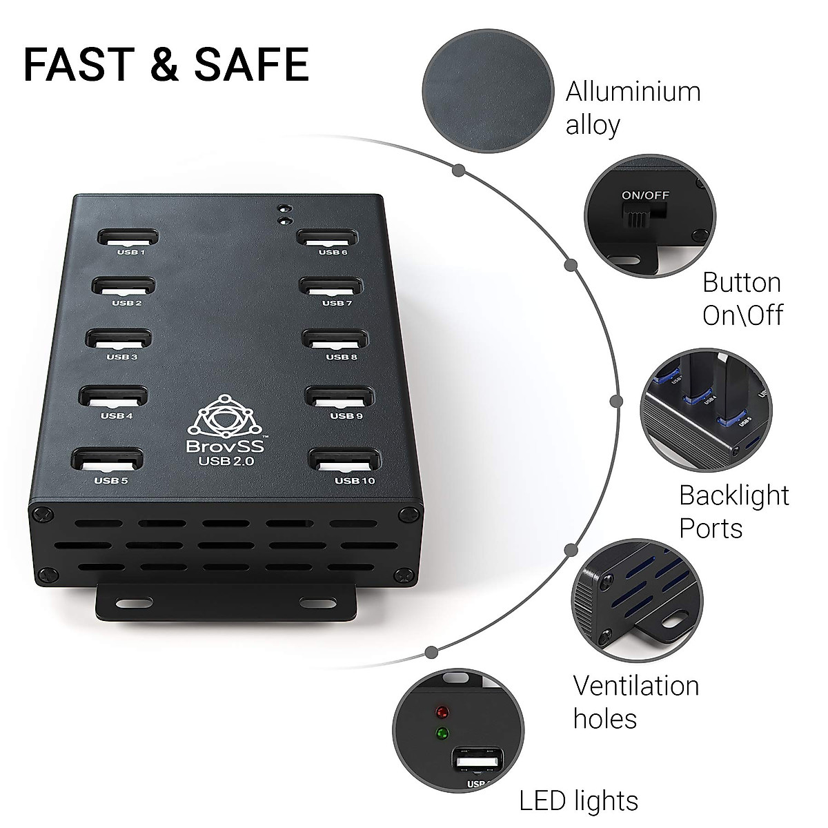 BrovSS: 10 Ports USB 2.0 Powered Hub - USB Extension Splitter with 12V 5A 60W Power Adapter. Connect up to 10 Electronics and USB peripherals. (Black)