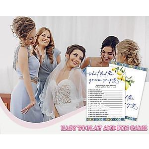 Blue Tiles and Lemons What Did the Groom Say Game for 30 Guests with Game Cards, Lemons Bridal Shower Game, Modern Bridal Shower Decorations, Wedding Shower or Bachelorette Party Supplies - 02