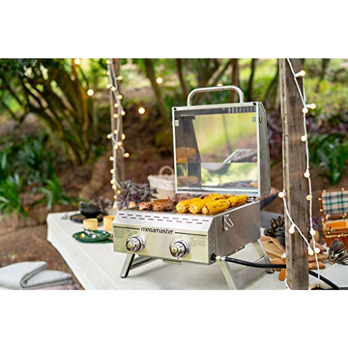 Megamaster Premium Outdoor Cooking 2-Burner Grill, Outdoor Cooking While Camping, Outdoor Kitchen, Patio Garden, Barbecue with Two Foldable legs, Silver in Stainless Steel