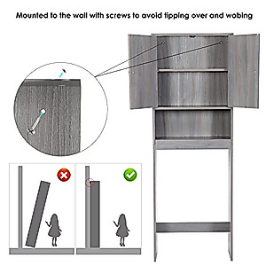 NIUBEST Over The Toilet Storage Cabinet, Bathroom Organizer with Inner Adjustable Shelf and Open Storage Shelf, Double Doors Toilet Storage Rack, Gray