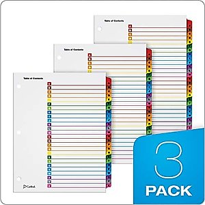 Cardinal A-Z Tab Dividers for 3 Ring Binders, Customizable Table of Contents Page with Multicolor A-Z Tabs, 3 Sets (63218)