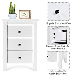 Safeplus Nightstand, Side Table with 3 Drawers, Bedroom Side Storage Cabinet Wooden End Table Accent Table Solid Wood Legs (White, 2 Pics)