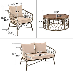 LUMISOL 4 Piece Outdoor Furniture Set with Wood Table, Patio Furniture Set with Removable Cushions, Outdoor Conversation Set for 4 Person, for Backyard Pool, Beige