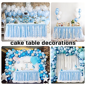 leegleri Baby Blue Tulle Table Skirt for Baby Shower,6FT Blue Ruffle Tutu Table Skirt with LED Light for Elephant Birthday Party Ocean Baby Shark Gender Reveal Cake Table Decorations