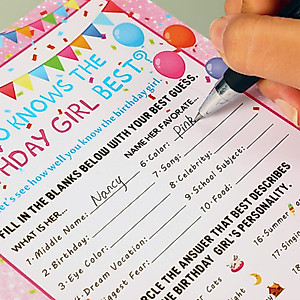 Skylety The Birthday Girl Best, 50 Pieces Birthday Party Activity Game Card Set Who Knows Her Best Girl Birthday Party Activity Notebook Themed Party Decorations