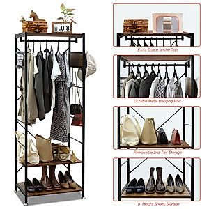 KELIXU Freestanding Coat Rack with Shoe Storage, Industrial Hall Tree Entryway Closet Organizer Shelf and Hooks, Closet Garments Shelf on Wheels for Hallway, Bedroom(Rustic Brown)