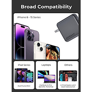 AMEGAT USB C Charger 65W, 3-Port GaN III Fast Charger Block PPS PD 3.0, Compact Foldable Wall Charger for MacBook Pro/Air, Dell XPS 13, iPhone 15/Pro, iPad Pro, Galaxy S23, Steam Deck, and More