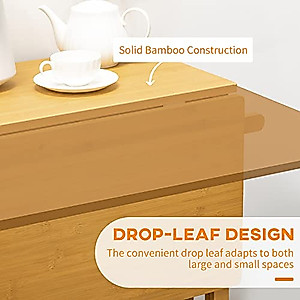 HOMCOM Foldable Dining Table Set with 2 Square Stools and 2 Drawers, Bamboo Drop Leaf Breakfast Cart, Mobile Kitchen Island Trolley Cart on Wheels, Brown