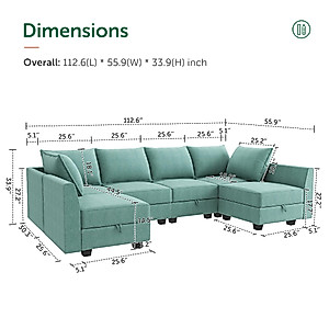 HONBAY Convertible Modular Sectional Sofa U Shaped Modular Couch with Storage Seat Modular Sofa Sectional Couch with Chaise, Aqua Blue