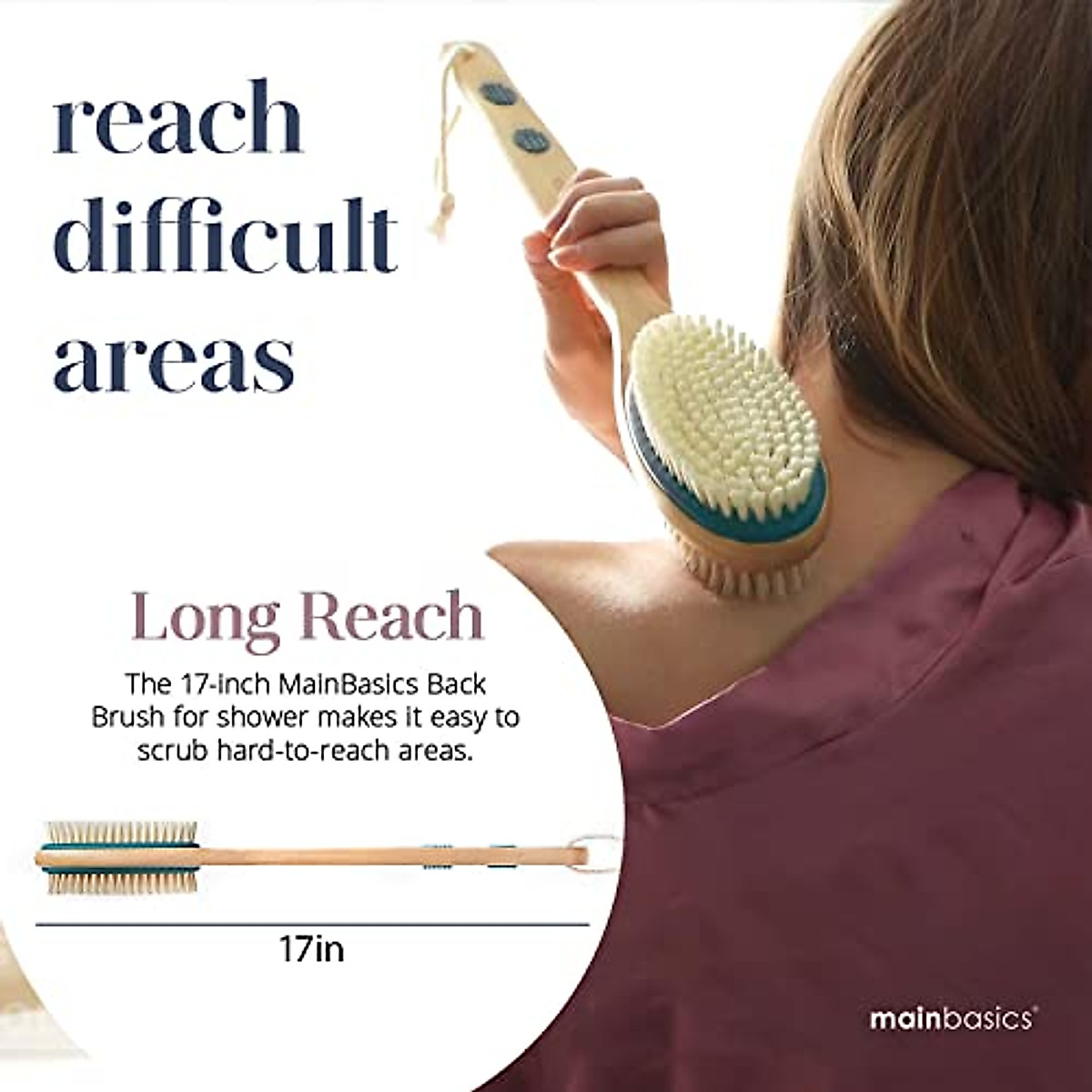 MainBasics Back Scrubber for Shower Long Handle Back Brush Dual-Sided with Exfoliating and Soft Bristles