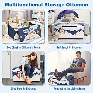 Costzon Kids Toy Storage Bench, Upholstered Toy Organization Chest with Padded Cushion Seat, Carry Handles, Faux Leather Foot Rest Ottoman Stool for Playroom, Bedroom, Living Room (Cloud)