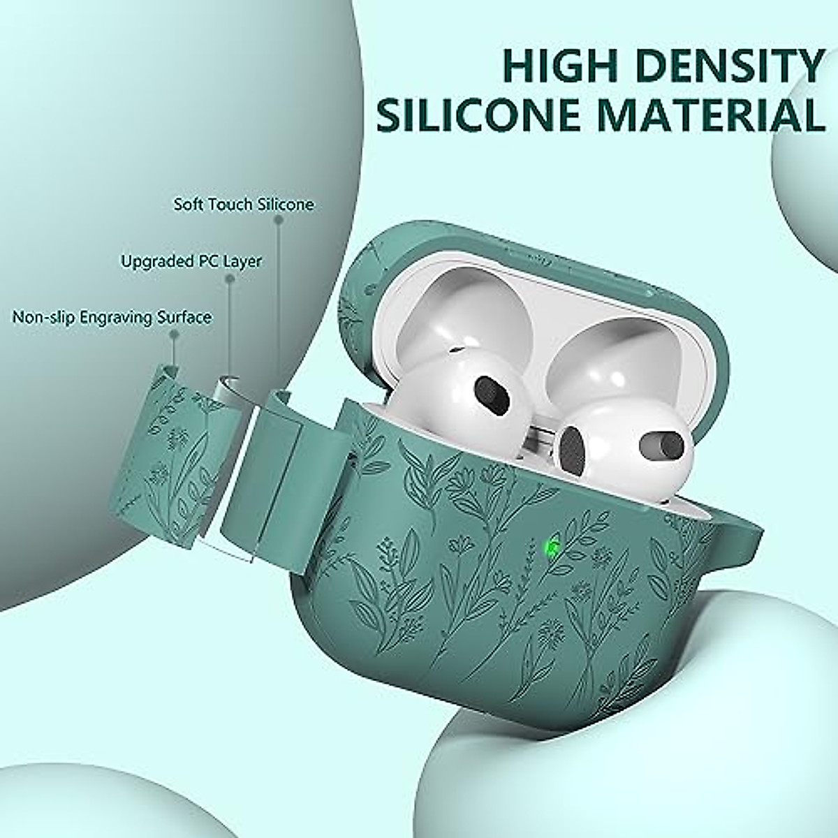 Flower Engraved Case for Apple AirPods 3 Case 2021, Soft Silicone Protective Case for AirPods 3rd Generation Case for Women Airpod Case with Clean Kit,Carabiner,Lanyard,Front LED Visible,Pine Green