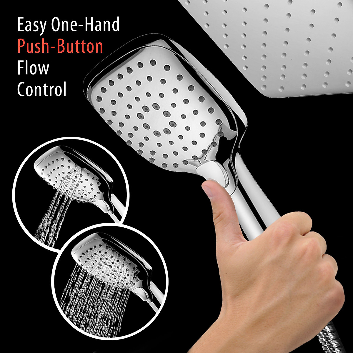 HotelSpa 10.5-in Rain Shower Head/Handheld Combo. Convenient Push-Button Flow Control Button for easy one-handed operation. Switch flow settings with the same hand! Low-Reach Bracket included