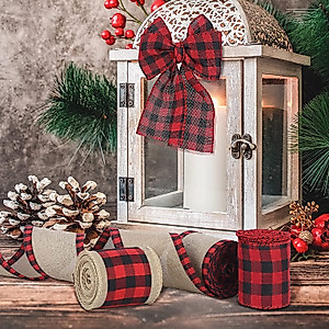 HOMSHIAM 6 Rolls Christmas Burlap Fabric Ribbon , 30 Yards Buffalo Check Ribbon Plaid Wired Edge Ribbon for DIY Gift Wrapping, Wedding Crafts Christmas Wreath Bows Decoratio