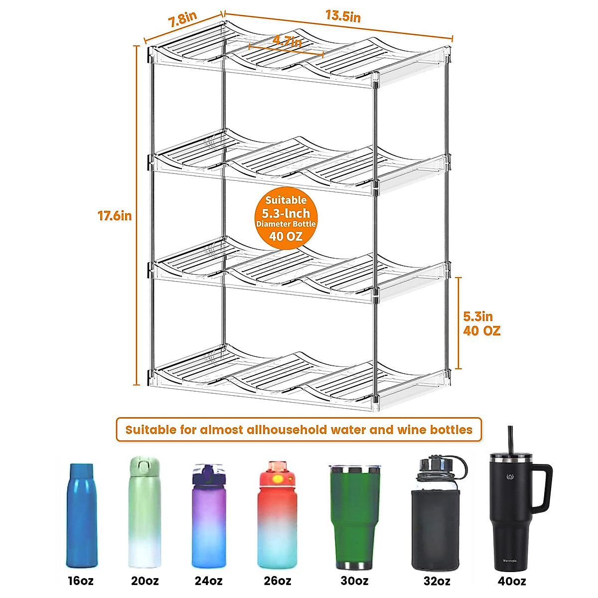 SuoXing 4 Pack Stackable Water Bottle Organizer,4.7" W X5.3 H Great for Stanley Yeti Bottle and Other Tumbler Organizer for Kitchen Cabinets,Clear Stackable Water Bottle Holder and Wine Rack