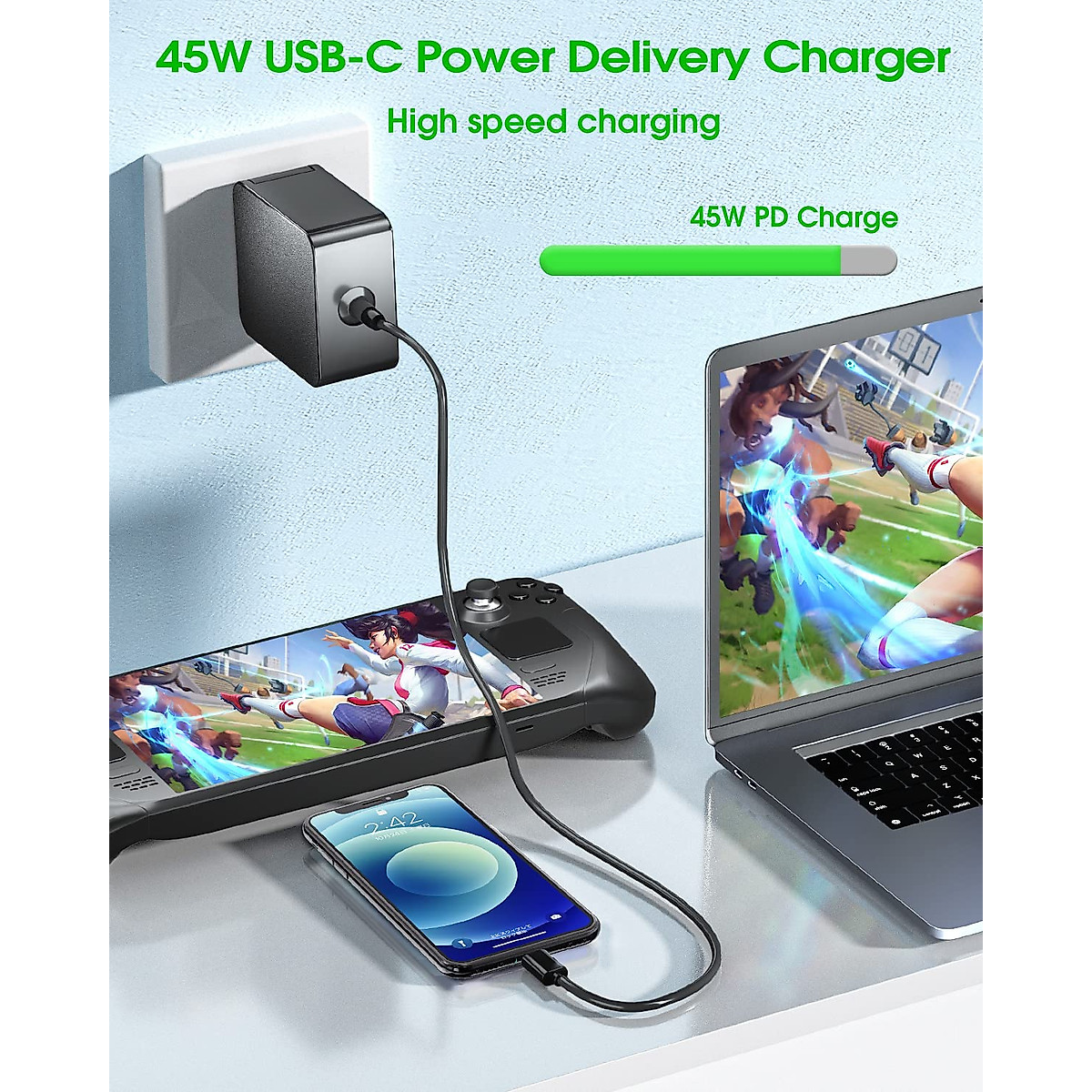 Fast Charger for Steam Deck, AOJAKI 45W PD Foldable Power Adapter with4.9ft USB C Charging Cable Cord,Accessories for Steam Deck TV Dock Console/Nintendo Switch/PS5 Controller/Phone/Tablet/Laptop