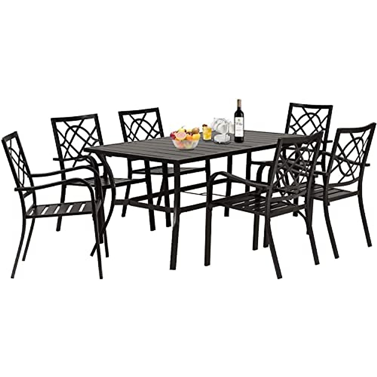 SOLAURA 7-Piece Outdoor Patio Dining Set, 6 Person Garden Dining Set Furniture with Slat Table Top/Backyard Stacked Chairs, 1.57" Umbrella Hole (Black)