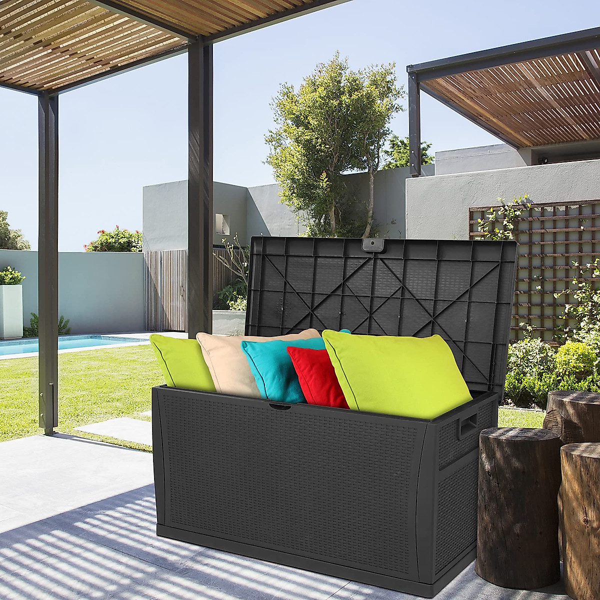 VINGLI 120 Gallon Large Deck Box Outdoor Storage Box with Lid, Plastic Patio Furniture Container Bin Rattan Grain Surface for Cushions Books Garden Tools Pool Accessories (Grey)