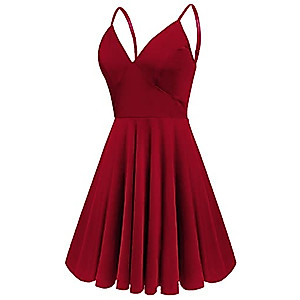 ELESOL Women Sexy Deep V-Neck Backless Spaghetti Strap Skater Dress Short Red Dress Wine Red L