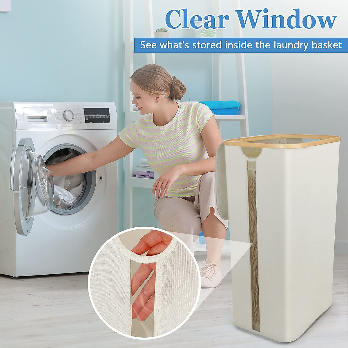 Ranslen Laundry Basket with Lid, 110L XXL Laundry Hamper Collapsible Dirty Clothes Hamper with Bamboo Handles Removable Bag Tall Waterproof Laundry Hampers for Laundry Room Bedroom Beige