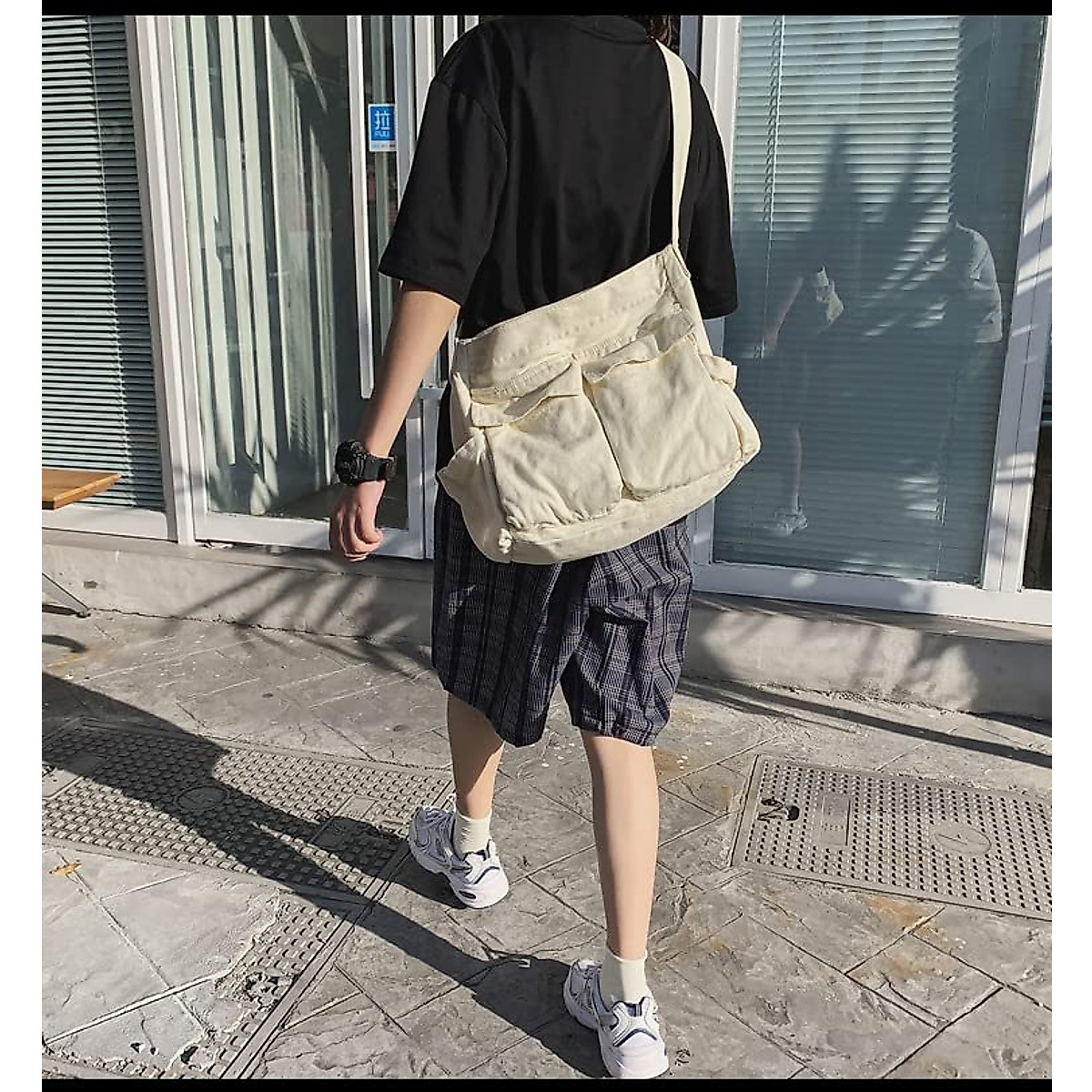 Canvas Messenger Bag Large Crossbody Bag with Multiple Pockets Canvas Shoulder Tote Bag for Women and Men (White)