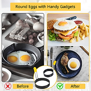 KLEINKITCH Egg Rings – 5 Piece Set of 2 Small and 2 Large Egg Molds for Frying Eggs with Oil Brush Plus Recipe EBook – Professional Portable Round Egg and Pancake Rings – 3 Inch and 4-Inch Sizes