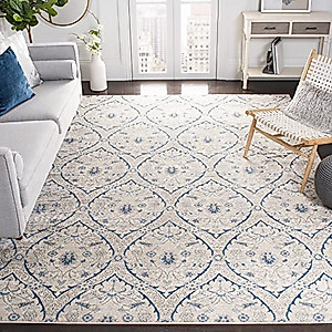 SAFAVIEH Brentwood Collection 8' x 10' Navy / Light Grey BNT860M Floral Damask Ogee Trellis Non-Shedding Living Room Bedroom Dining Home Office Area Rug