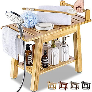 ETECHMART 2-Tier Bamboo Shower Bench, 24 Inch Spa Stool with Storage Shelf for Inside Shower Legs Shaving, Entryway or Bathroom, A-Shaped Shower Bath Seat for Seniors Adults Disabled Women, Natural