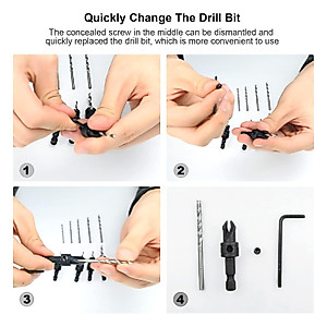 82° Countersink Drill Bit Set for Wood, HSS Counter Sinker Drill Bits Set 5-Piece 3/8" Quick Change Adjustable Drill Bits Sink Hole Drilling Tool Kit on Pilot Counter Sink Holes for Woodworking Tools