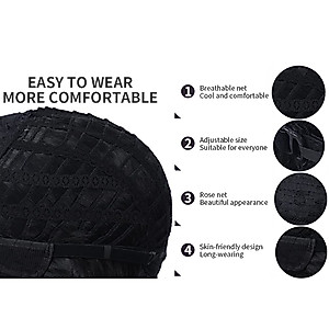 RightOn 12 Inches Black Bob Wig with Bangs Short Straight Synthetic Wigs for Women Cosplay Daily Party Hairnet Included