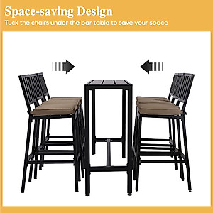 Sumshadow Outdoor Patio Bar Set, Bar Height Patio Dining Set, Weather-Resistant Bistro Counter Pub Set with Cushions & Slatted Tabletop for Backyard, Garden, Yard (63" Table, 6 "I Style Stool, Black)