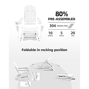 Serique Folding Adirondack Rocking Chair,4-in-1 Multifunctional Patio Chair with Retractable Ottoman, Outdoor Chair Wood Texture, Lawn Chair for Porch, Backyard, Pool(White)