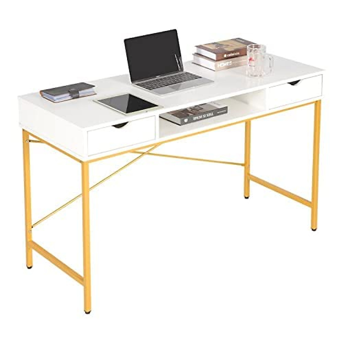 JJS 48' Writing Desk with Drawers, Contemporary Home Office Large Computer Laptop Workstation with Storage, White/Golden