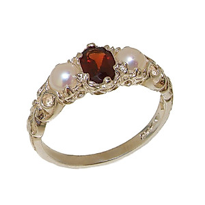 LetsBuyGold 925 Sterling Silver Real Genuine Garnet & Cultured Pearl Womens Band Ring - Size 12