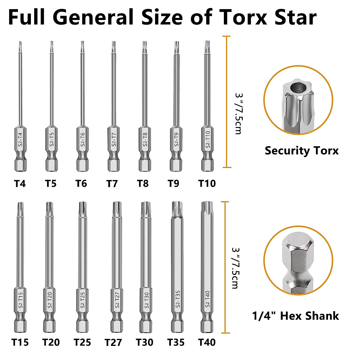 MulWark 14PC Security Torx Bit Set 3" Long Tamper Proof Star Screwdriver Bit Set 1/4" Hex Shank S2 Steel T4 - T40 Magnetic Impact Driver Drill Bits