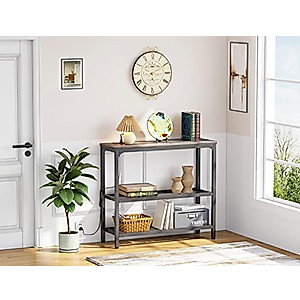 COTUBLR Console Table with Outlets, Entryway Table with Mesh Shelves, 39 inch Industrial Sofa Table for Living Room, Entry Table for Entryway, Hallway, Foyer, Kitchen, Grey Oak