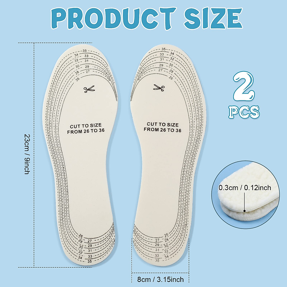 2 Pair Winter Shoe Insoles for Kids Wool Fleece Insoles Sheep Wool Shoe Insert Fluffy Wool Flat Brioche for Sneakers and Boots, Warm and Soft, Beige